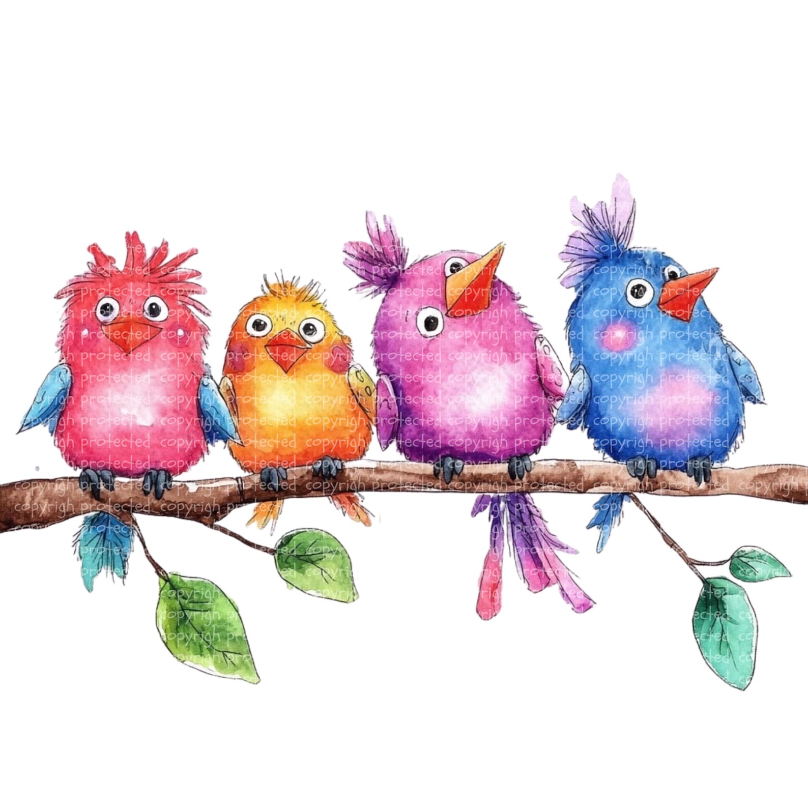31 Pngs Whimsical Birds on a Branch Clipart - Watercolor Cartoon Birds ...