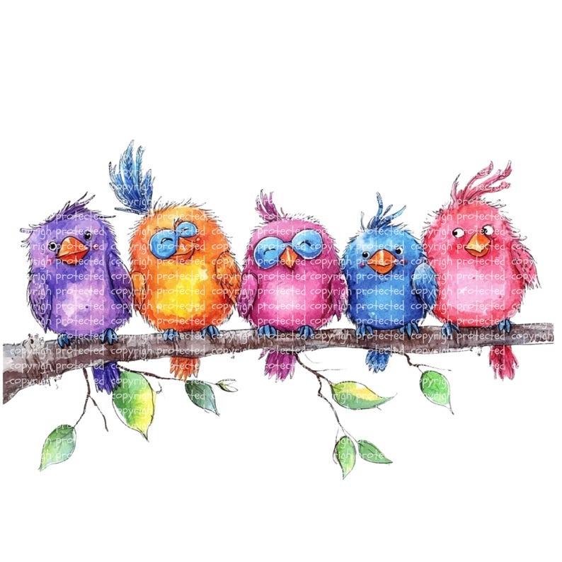 31 Pngs Whimsical Birds on a Branch Clipart - Watercolor Cartoon Birds ...