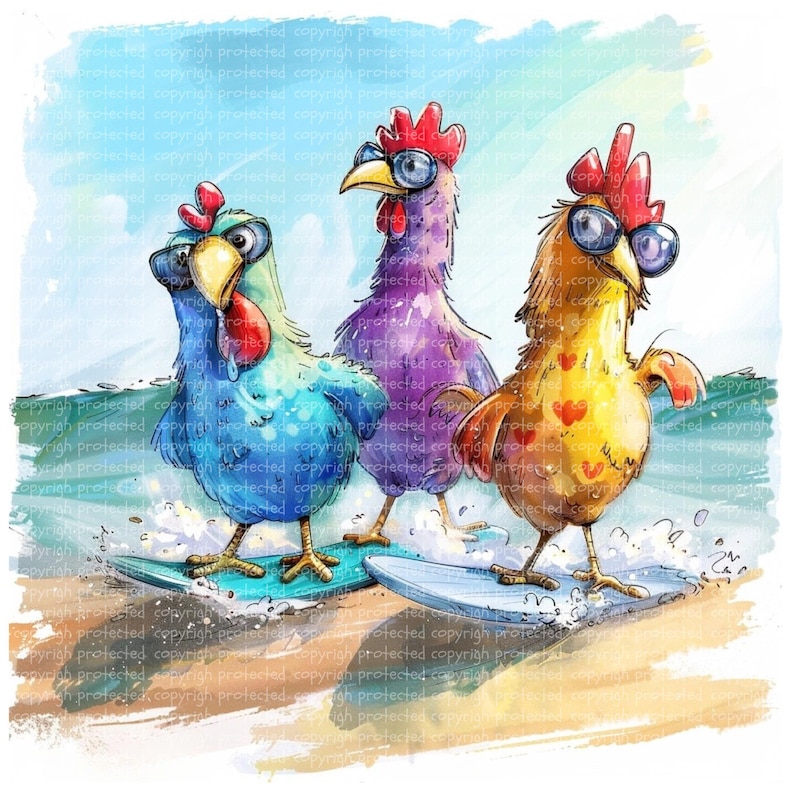 Funny Chickens on the Beach Clipart Set - 15 Jpgs Whimsical Summer ...