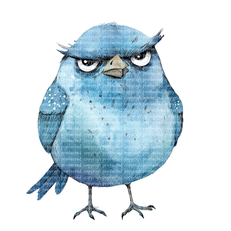 12 Blue Grumpy Birds Clipart – Watercolor Cartoon Bird Pngs, Printable ...