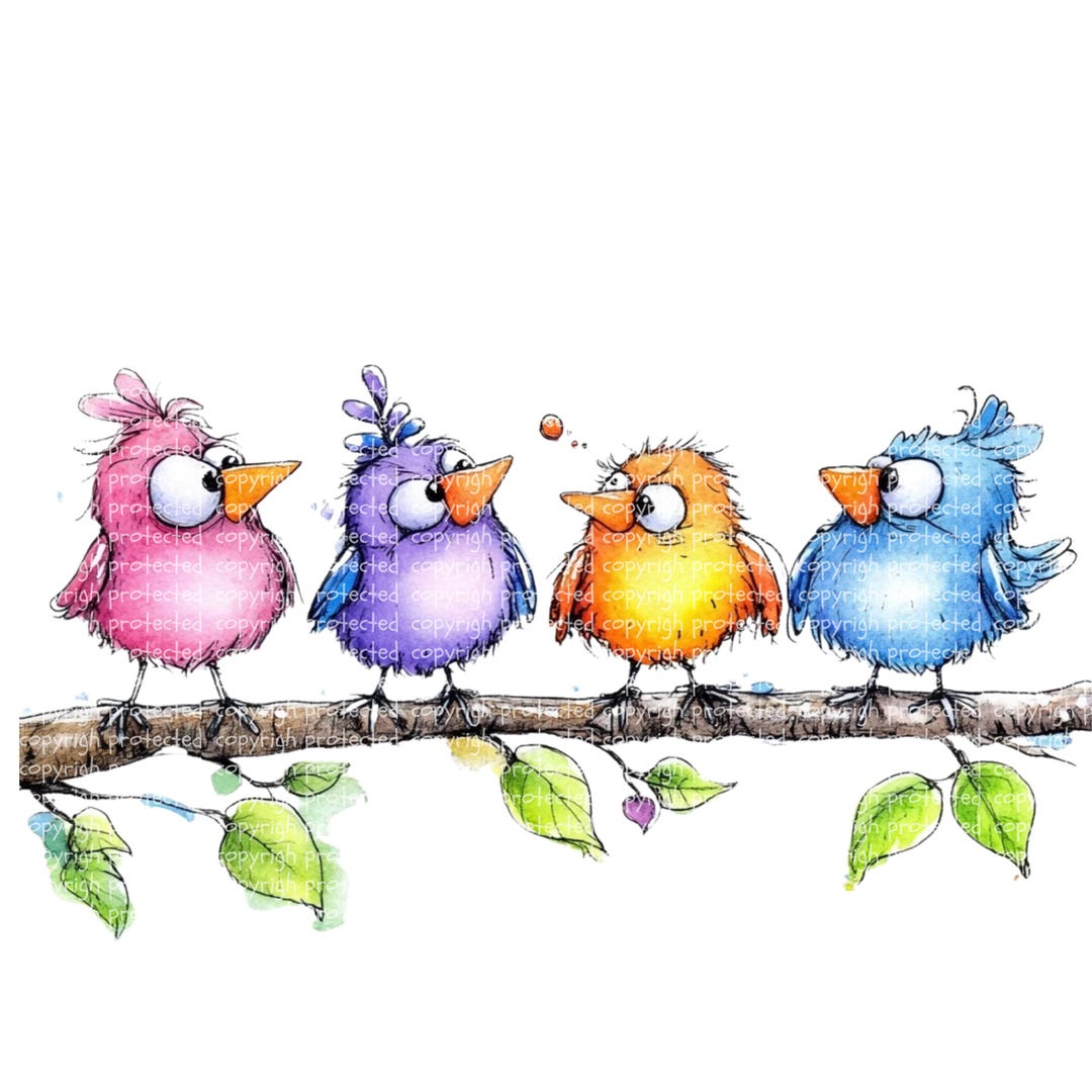 31 Pngs Whimsical Birds on a Branch Clipart - Watercolor Cartoon Birds ...
