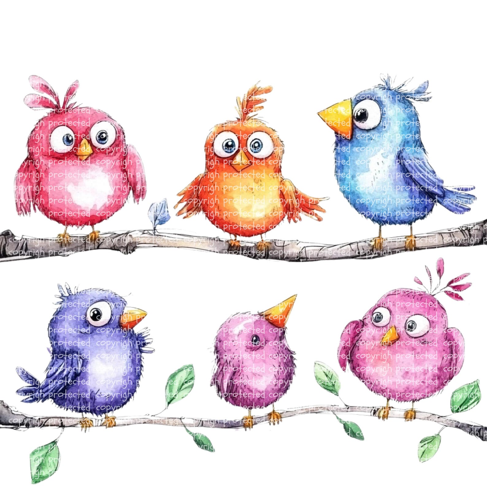 31 Pngs Whimsical Birds on a Branch Clipart - Watercolor Cartoon Birds ...
