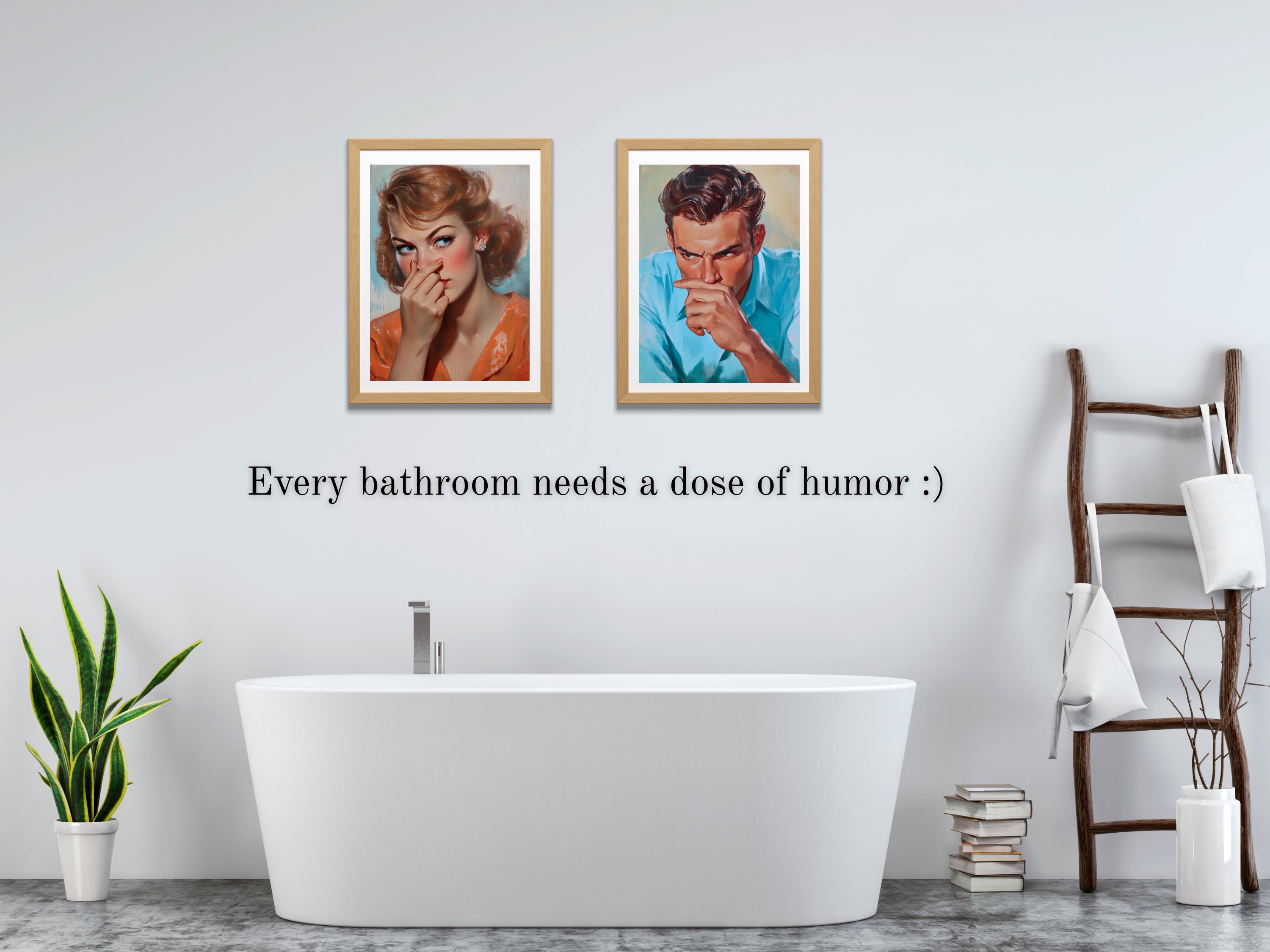 Funny 1950s Mid-century Bathroom Humor Art -toilet Humor Vintage Nose ...
