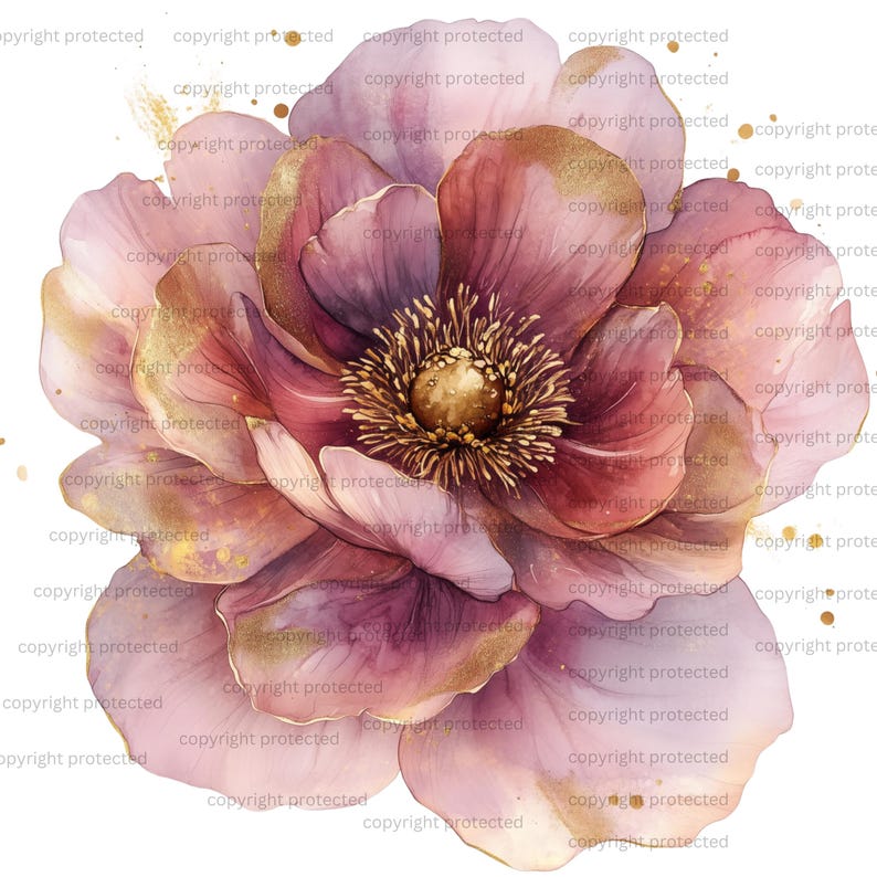 10 Abstract Pink Flowers Clipart, Pink Gold Flowers Print, Printable ...