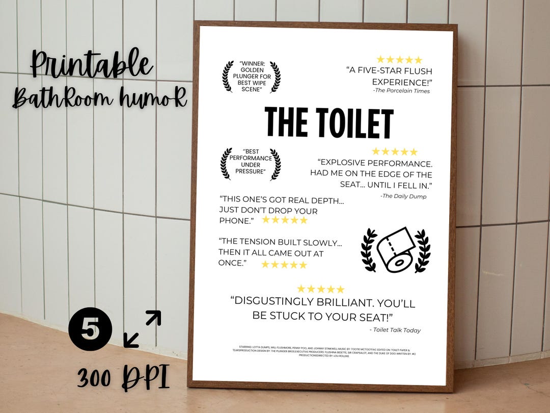 Toilet 5 Star Review Wall Art White- Funny Bathroom Printable - Poop ...