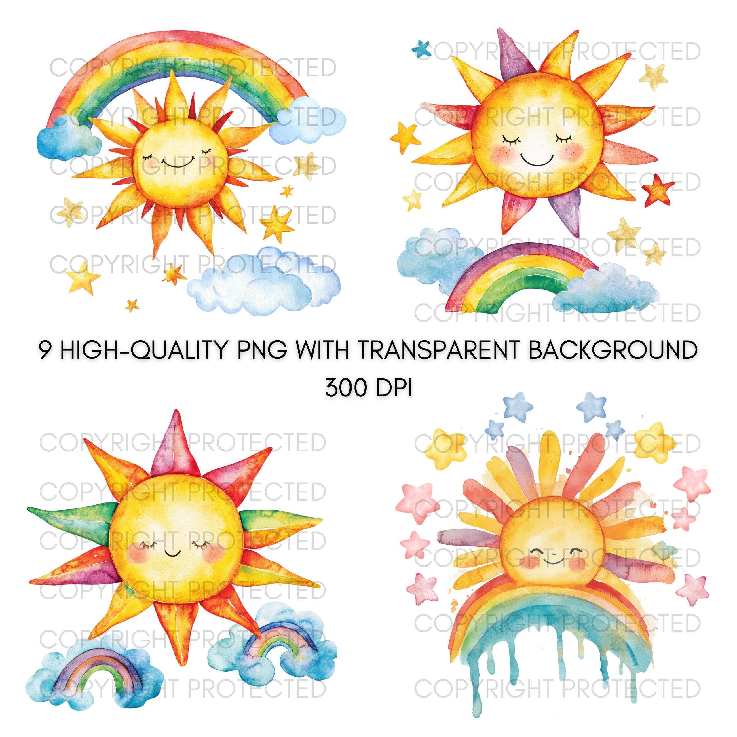 9 Sun and Rainbow Clipart, Nursery Rainbow, Printable Watercolor ...