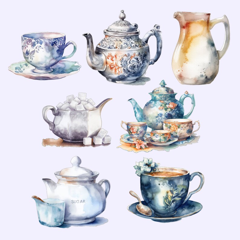 Watercolor Tea Set Clipart | Tea Party Clipart | Watercolor Clipart ...