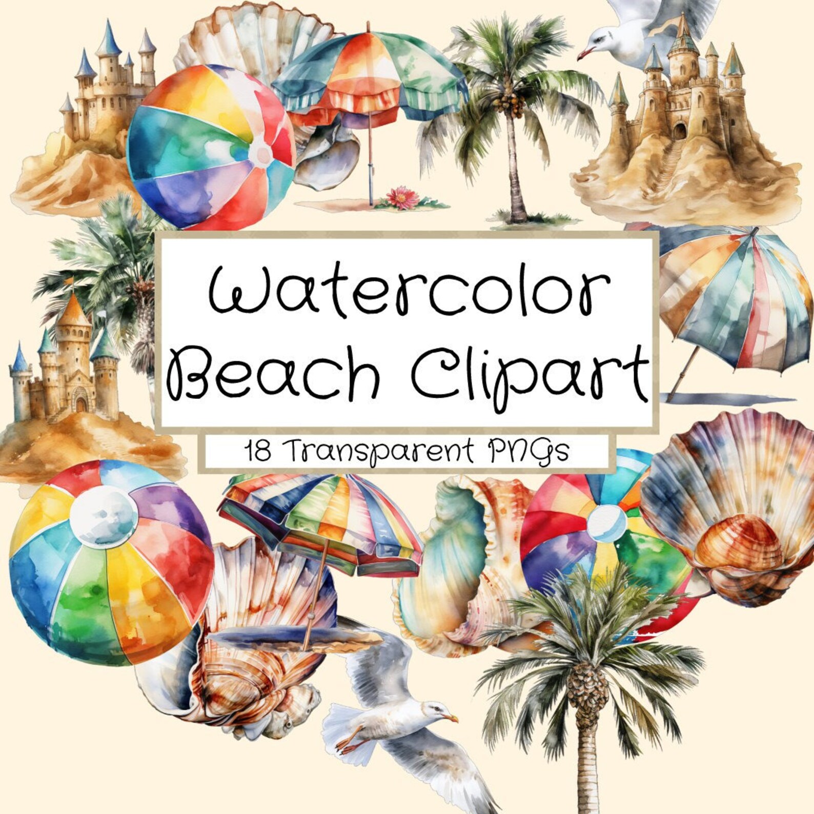 Beach Watercolor Clipart | Beach Clipart | Summer Clipart | Watercolor ...