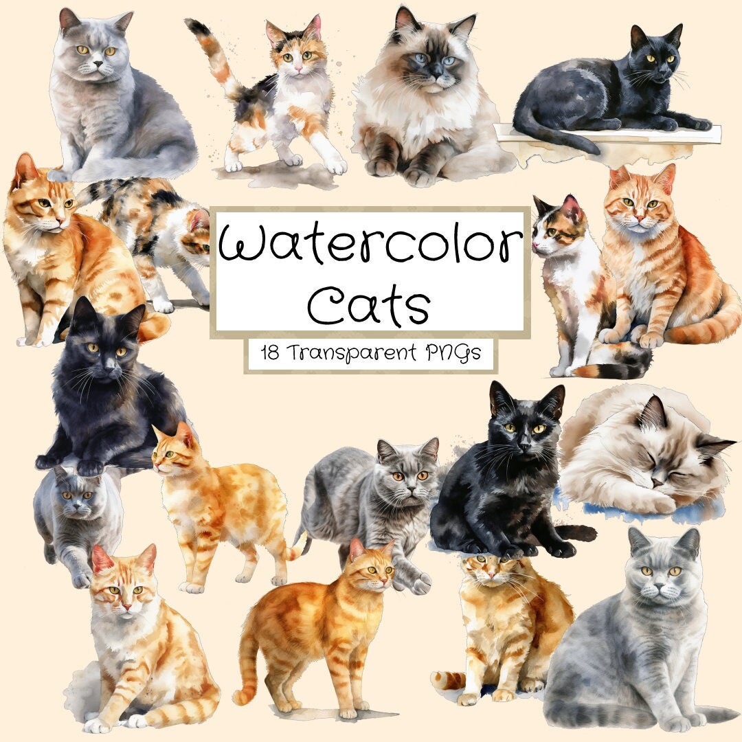 Watercolor Cat Clipart | Watercolor Clipart | Cat Clipart | Cats ...