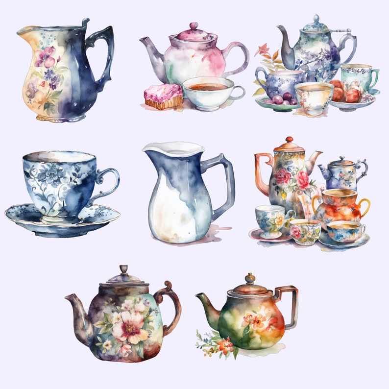 Watercolor Tea Set Clipart | Tea Party Clipart | Watercolor Clipart ...