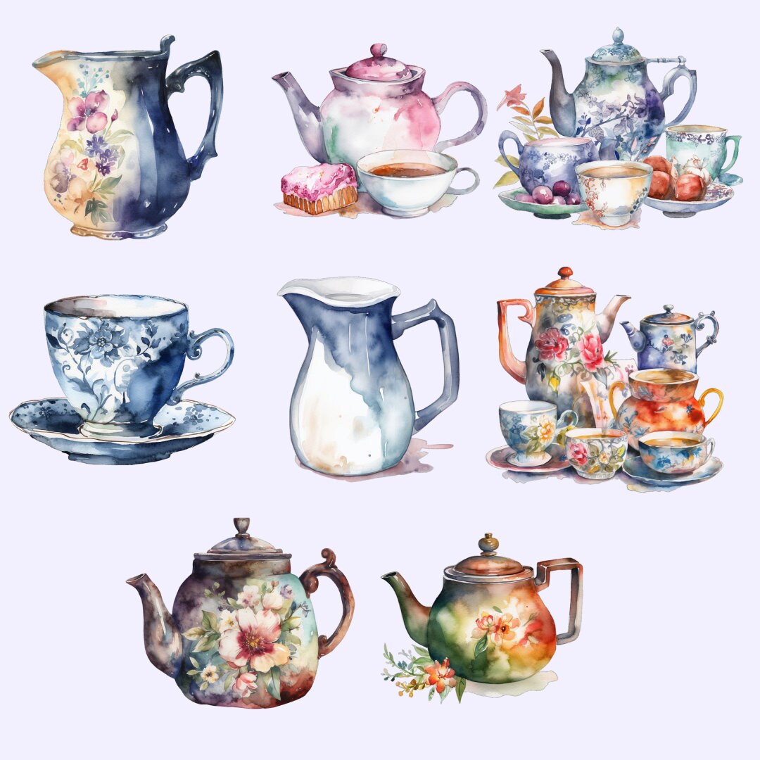 Watercolor Tea Set Clipart | Tea Party Clipart | Watercolor Clipart ...