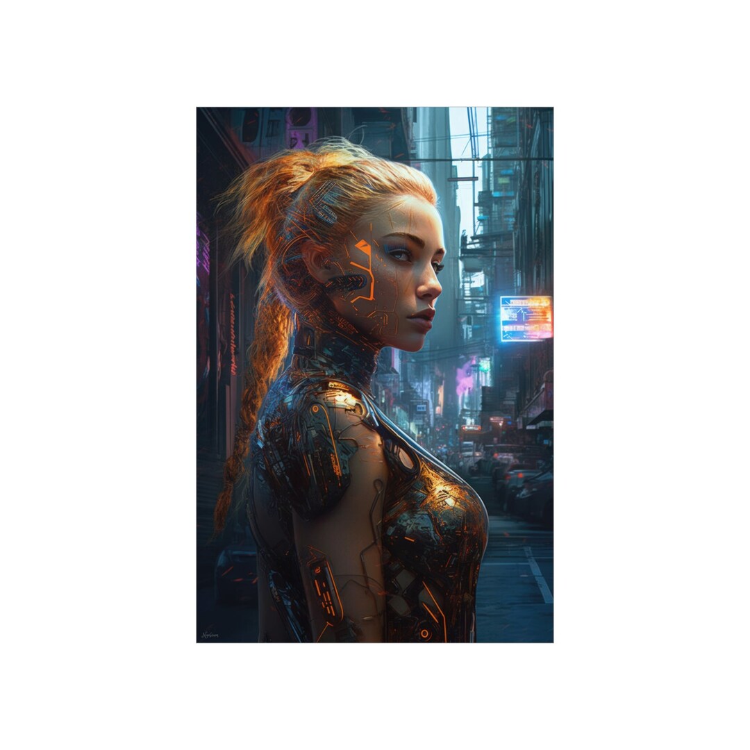 Cyborg Blonde Girl in New Tokyo - Cyberpunk Scifi Poster - Portrait ...