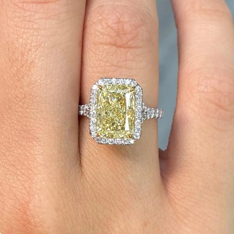 3 Ct Canary Yellow Radiant Lab Diamond Engagement Ring, Halo Simulant ...