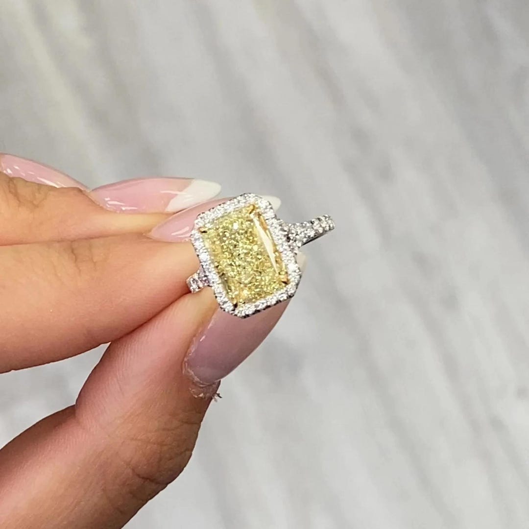 3 Ct Canary Yellow Radiant Lab Diamond Engagement Ring, Halo Simulant ...