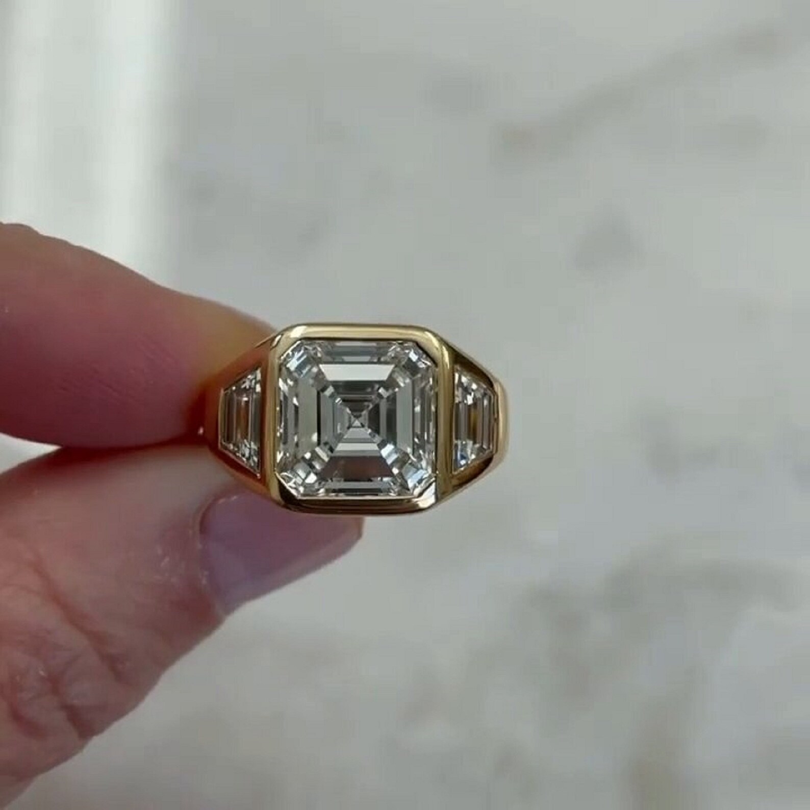 Signet Bezel Set Asscher Cut 10MM Moissanite Ring, Engagement Ring 14K ...