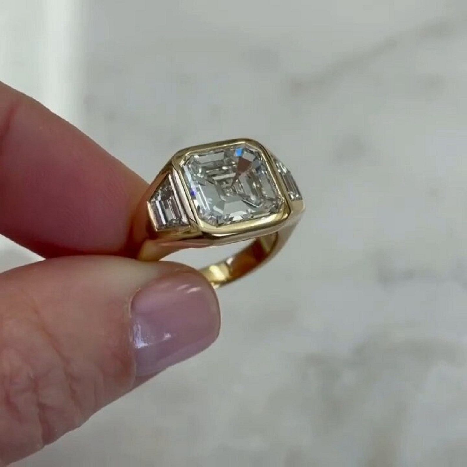 Signet Bezel Set Asscher Cut 10MM Moissanite Ring, Engagement Ring 14K ...