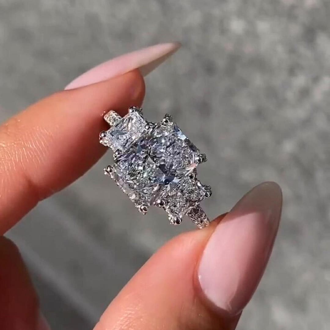 14K Solid Gold Three Stone Promise Ring, 3.5 CT Radiant Cut Moissanite ...