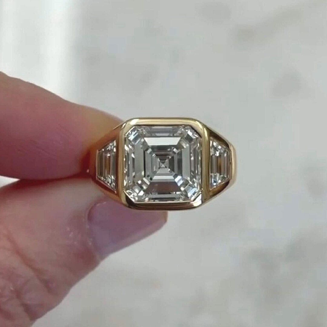 Signet Bezel Set Asscher Cut 8MM Moissanite Ring, Engagement Ring 14K ...