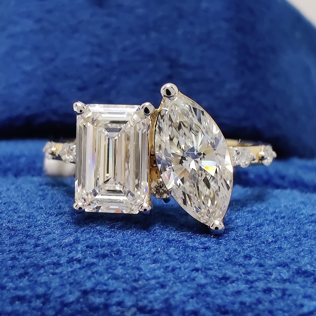 Toi Et Moi Emerald Cut Marquise Cut Engagement Ring 1.85 TWC Lab Grown ...