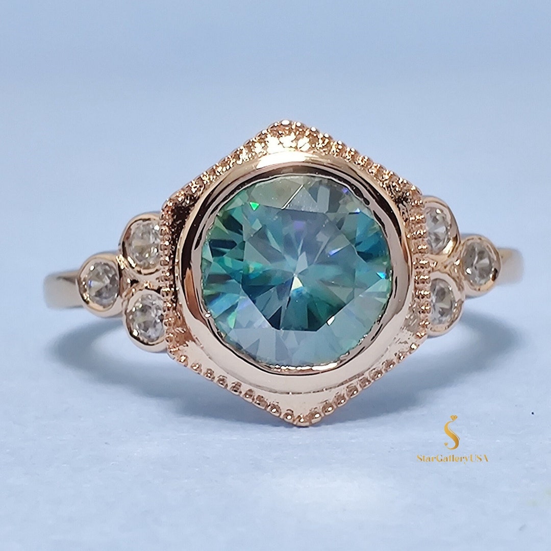 8mm Round Cut Blue Green Moissanite Ring, 925 Silver 10k 14k 18k Gold ...