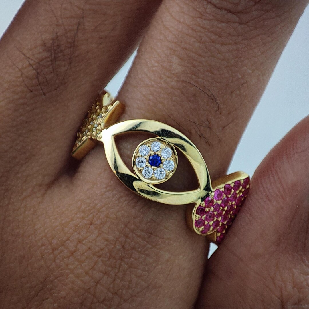 Rainbow Lab Diamond Evil Eye Antique Ring, 14K Gold Multi-colored ...