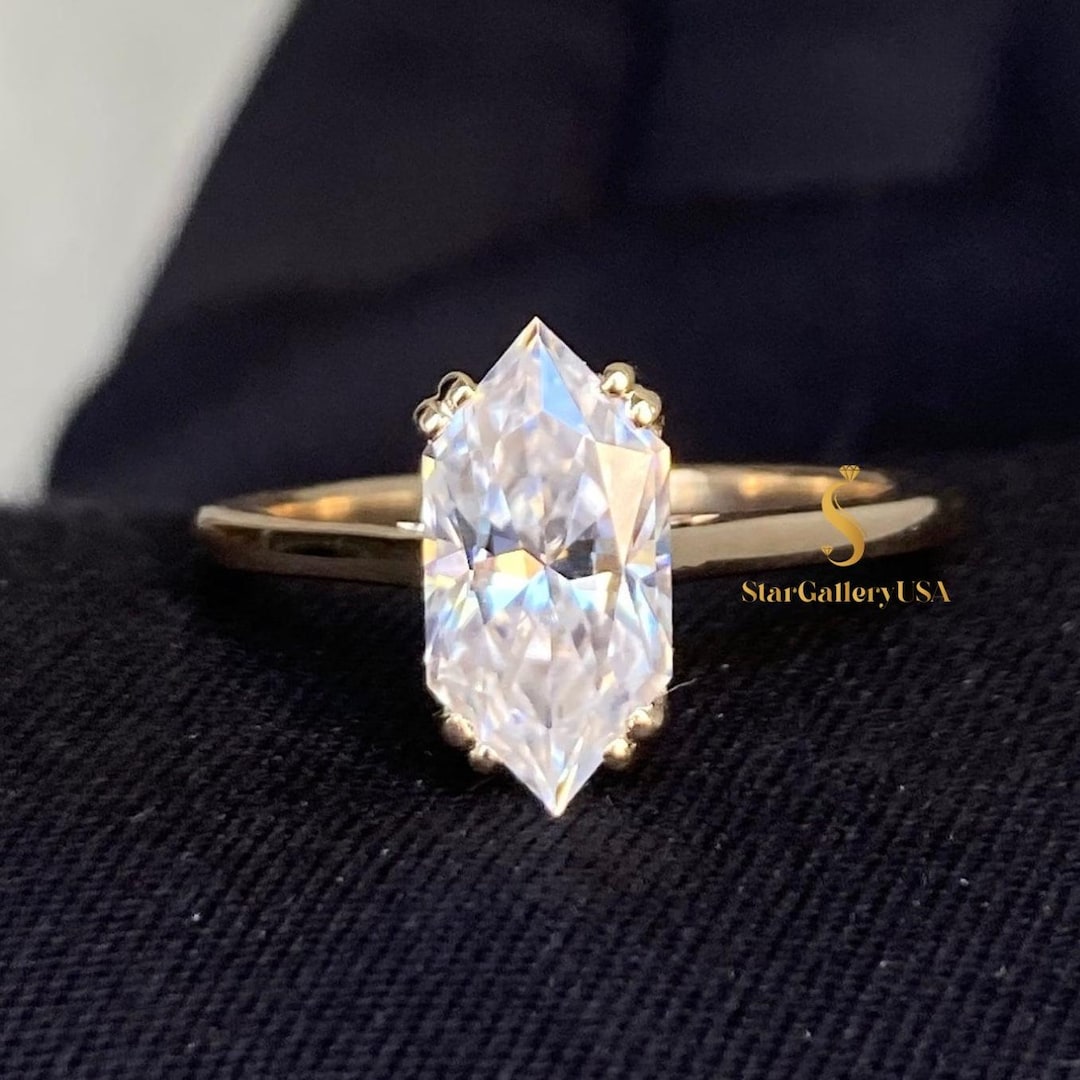 14K Yellow Gold Hexagon Cut Moissanite Ring 2 Carat Dutch Marquise Lab ...