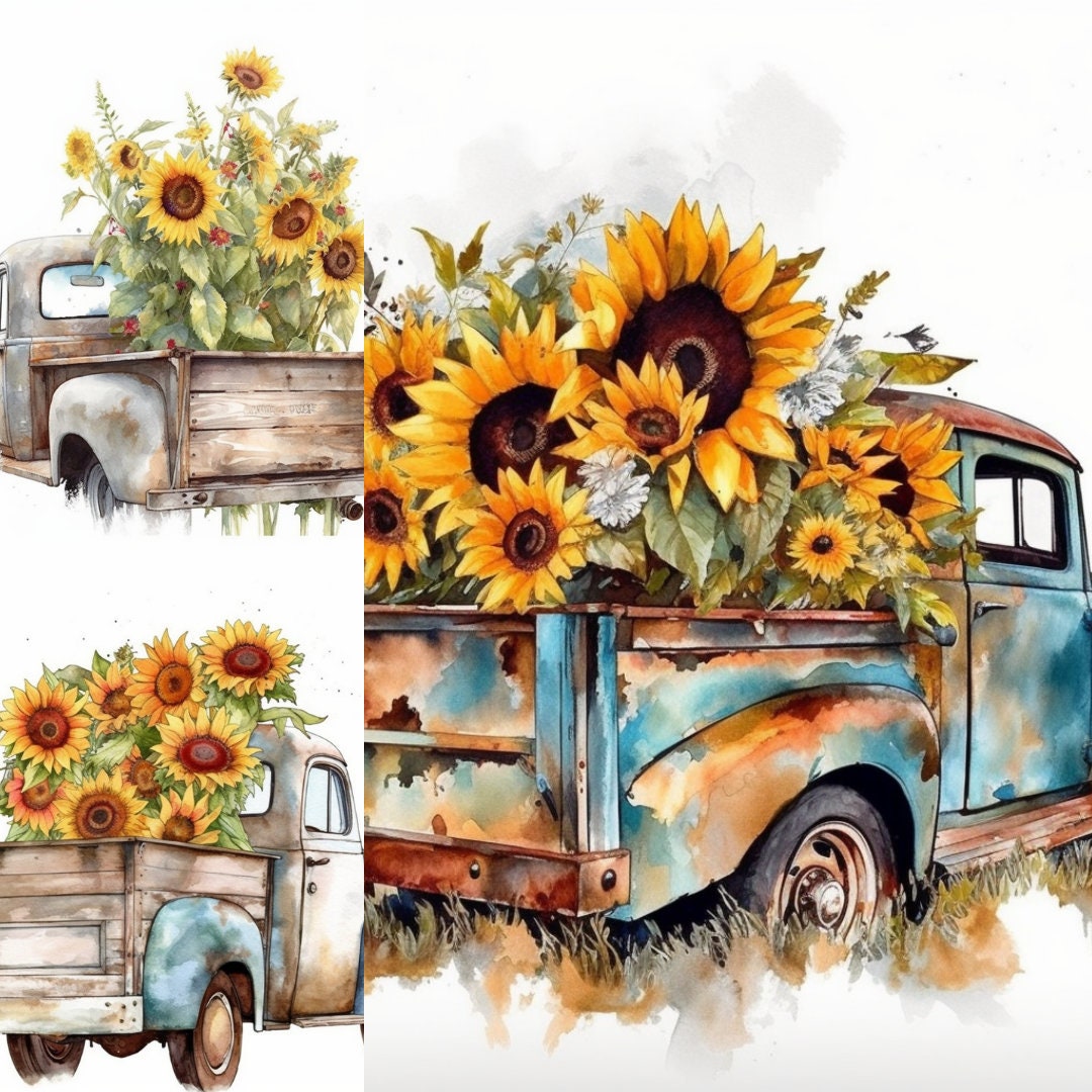 Vintage Farm Truck With Watercolor Sunflowers Clipart Bundle - 20 Pngs ...
