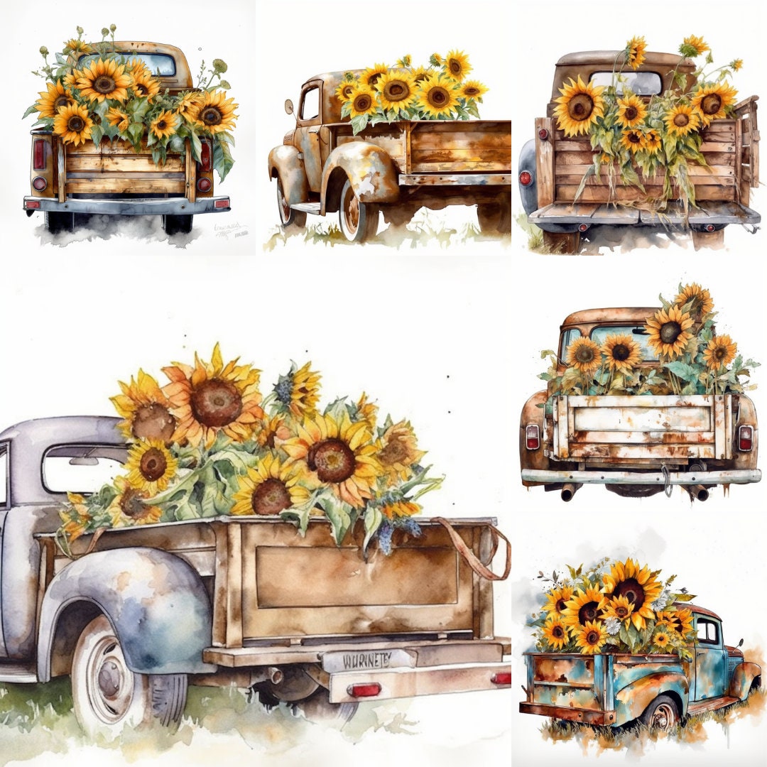 Vintage Farm Truck With Watercolor Sunflowers Clipart Bundle - 20 Pngs ...