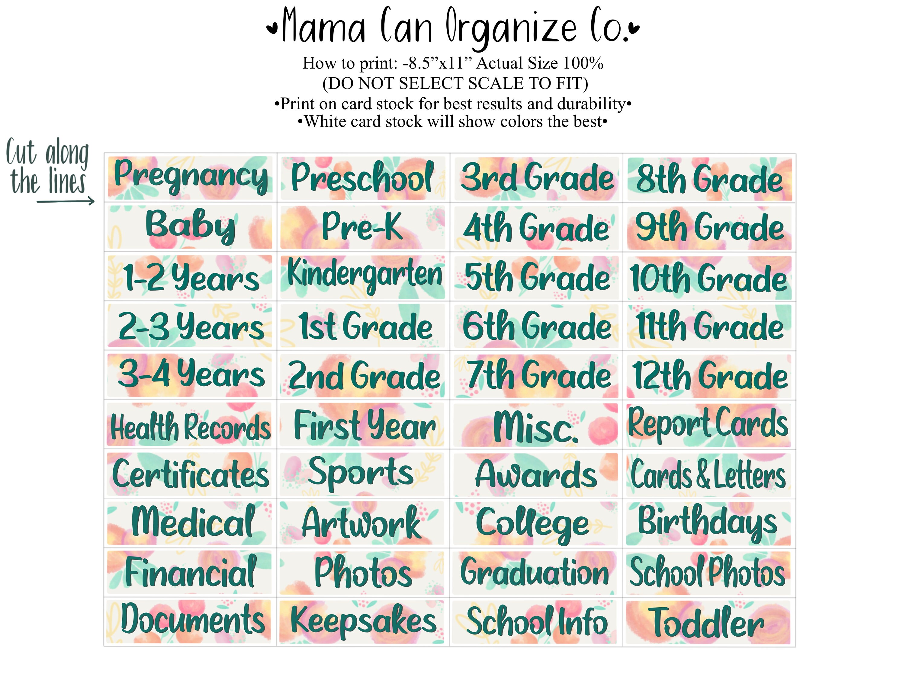 Printable Floral Milestone File Tab Labels School Memory Box - Etsy