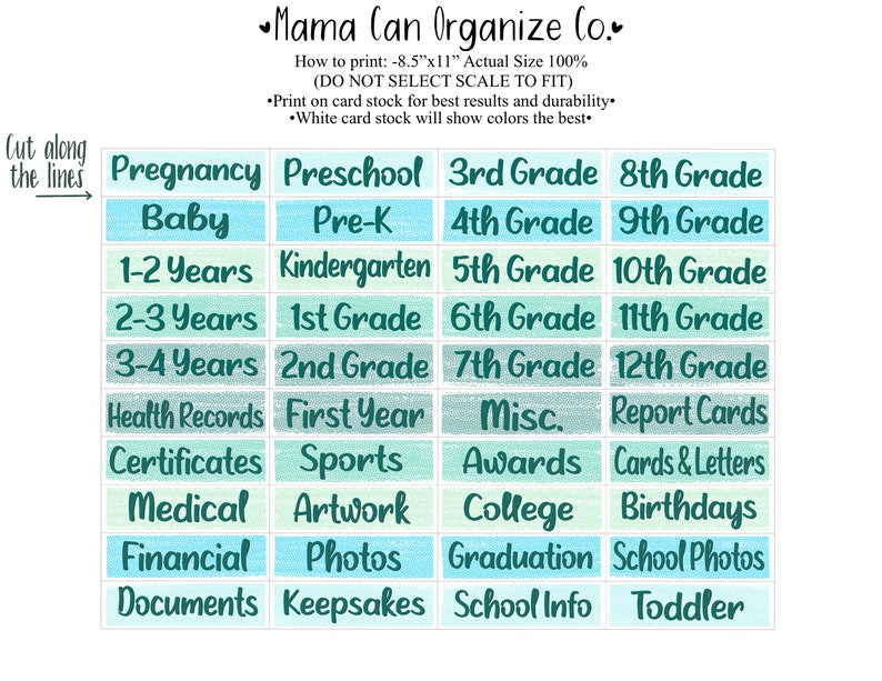 Printable Milestone File Tab Labels School Memory Box Childrens DIY ...