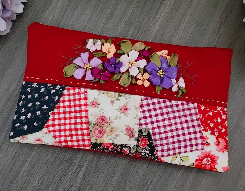 Handmade Embroidered Tissue Cover – Patchwork Style With Floral Ribbon ...