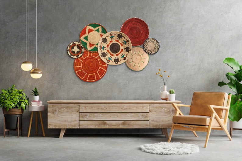 Set of 7 African Wall Hanging Baskets, Boho Wall Decor, Handmade Woven ...