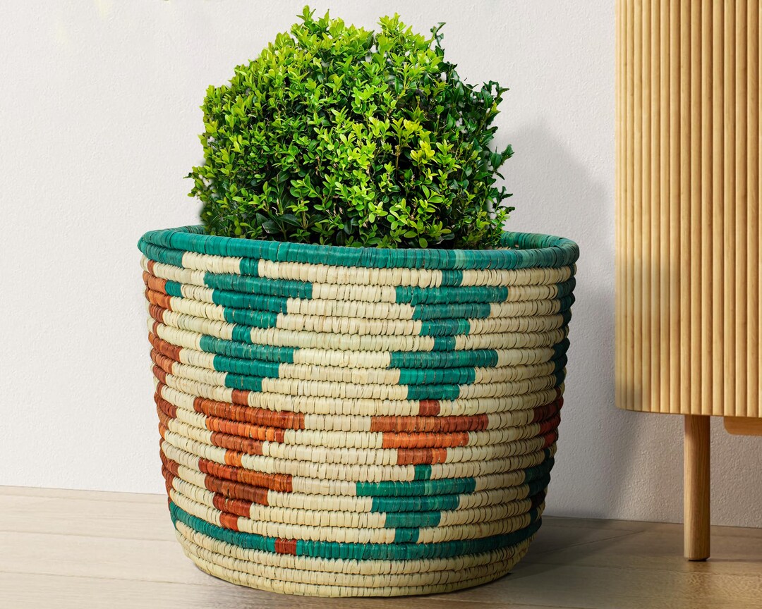 Hand Woven Planter Basket, 12" Bohemian Plant Basket, Shallow Basket ...