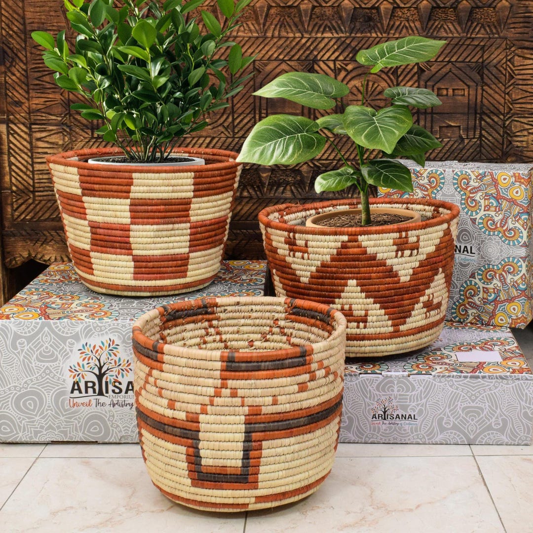 Handwoven Planter Basket, Boho Woven Plant Pot Cover, Natural Indoor ...