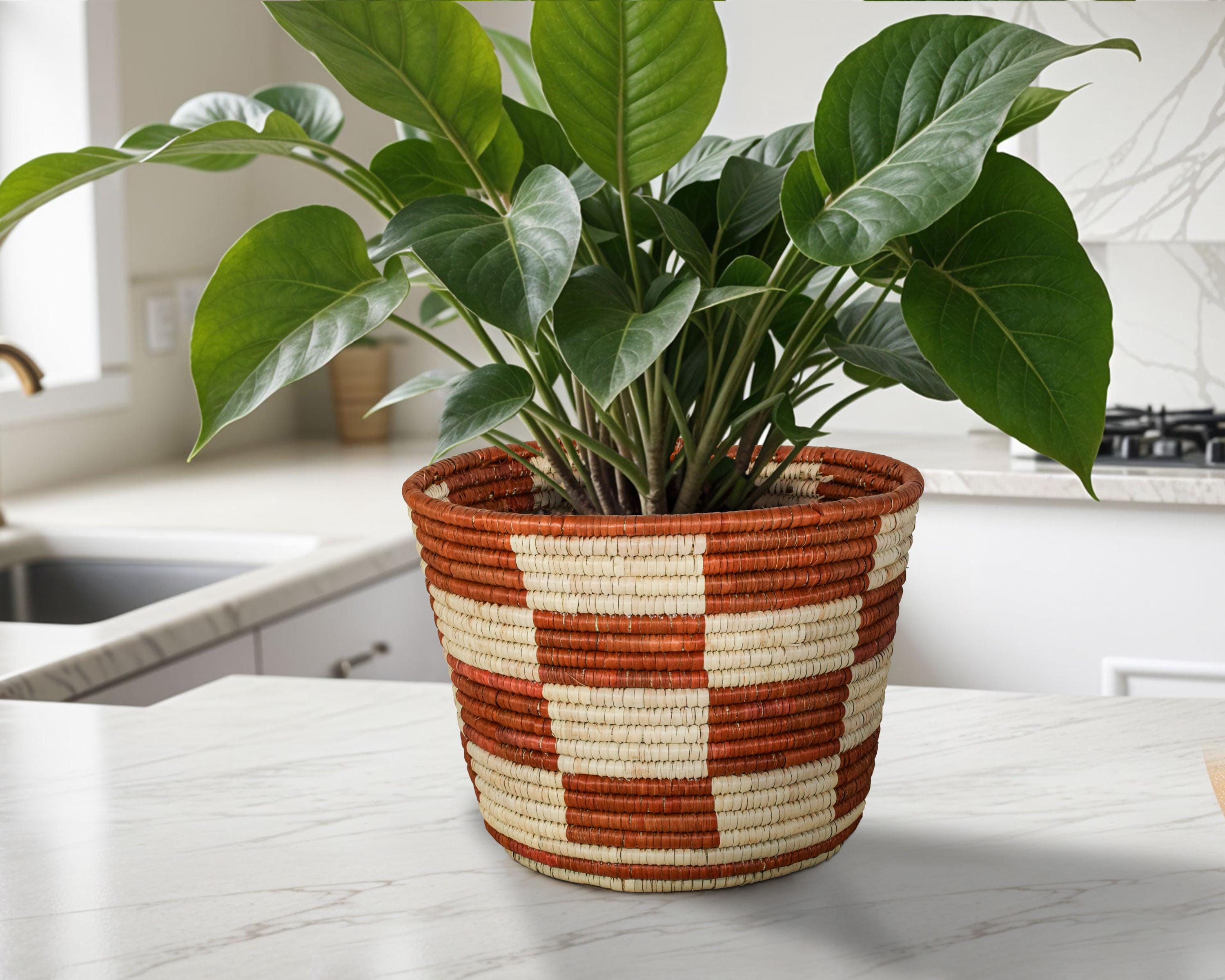Handwoven Planter Basket, Boho Woven Plant Pot Cover, Natural Indoor ...