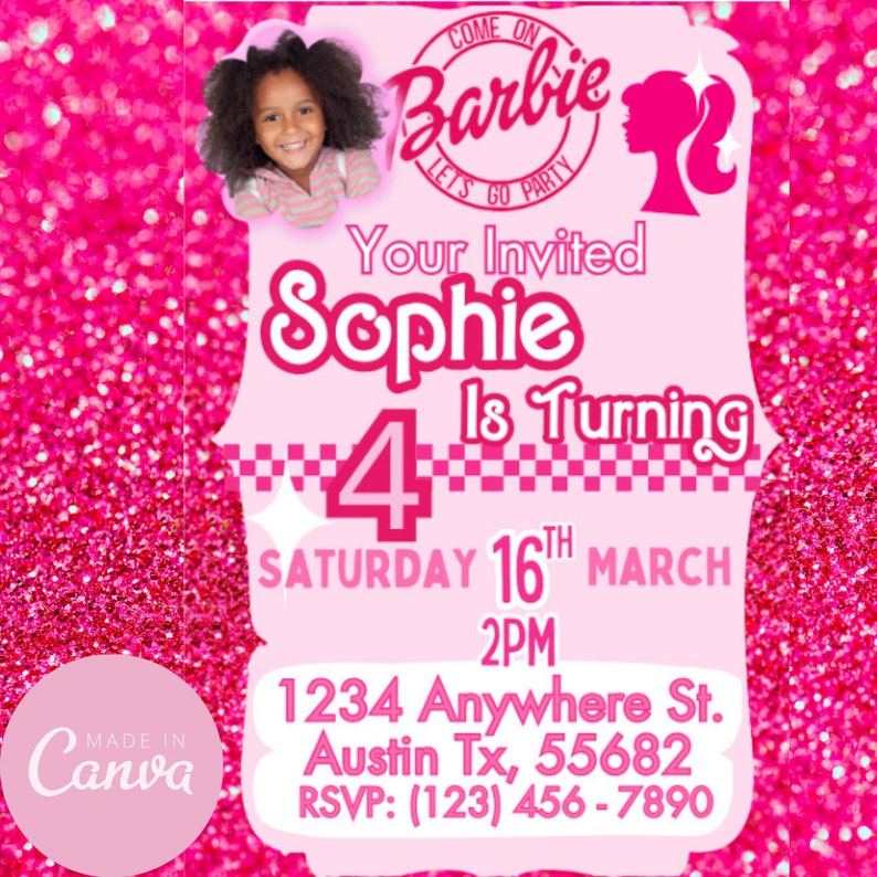 BARBIE DIGITAL INVITATIONS, Editable Invitation Canva Template - Etsy