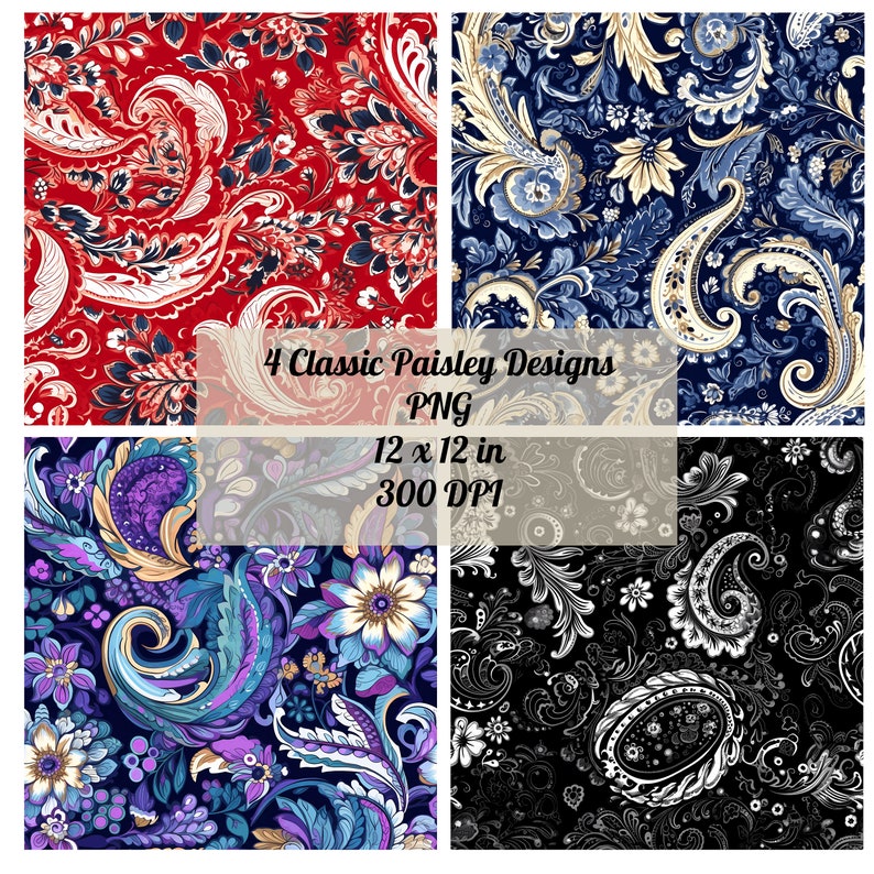 4 Classic Paisley Digital Papers Bundle, Paisley Seamless Pattern ...
