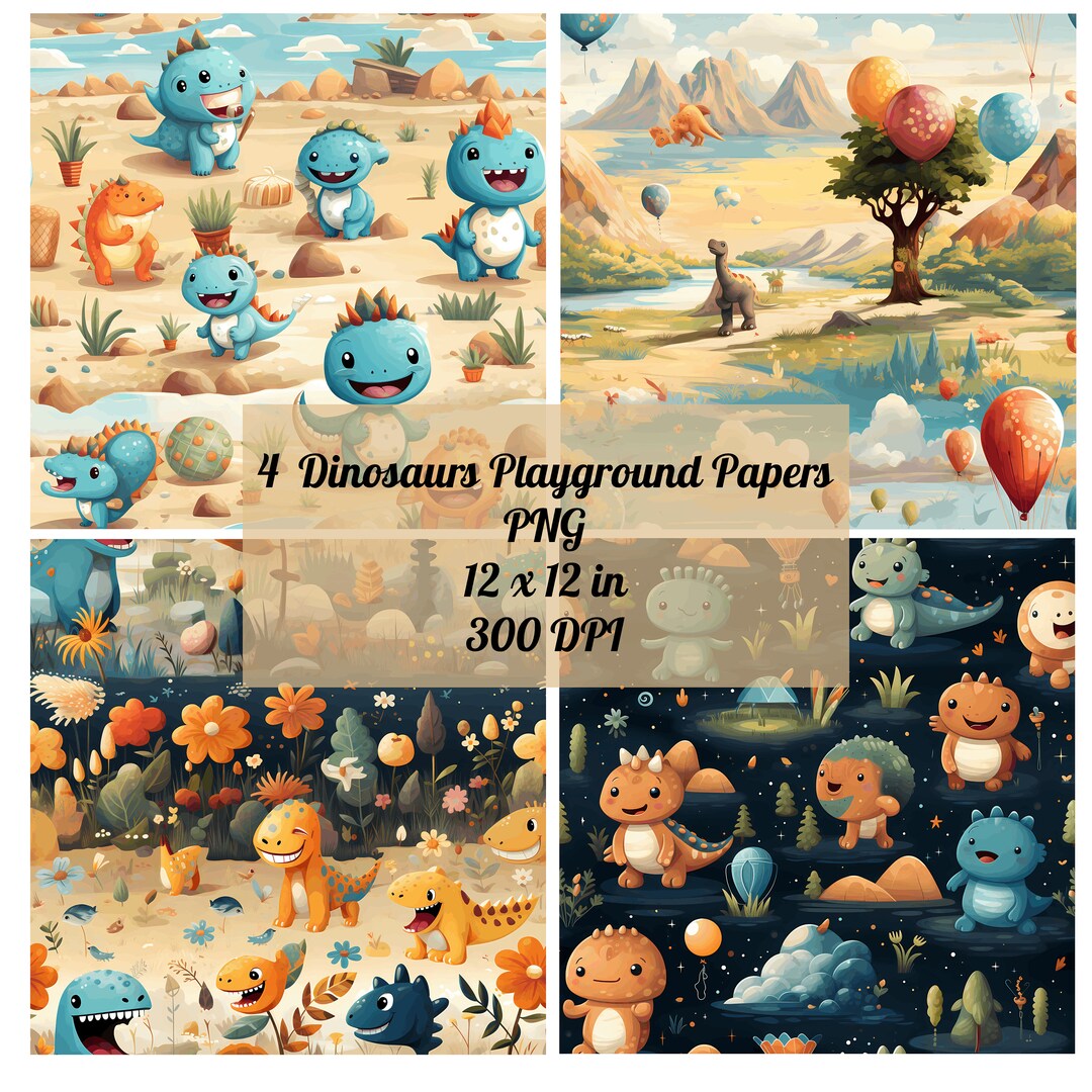 4 Dinosaurs Playground Seamless Pattern Digital Papers Bundle ...