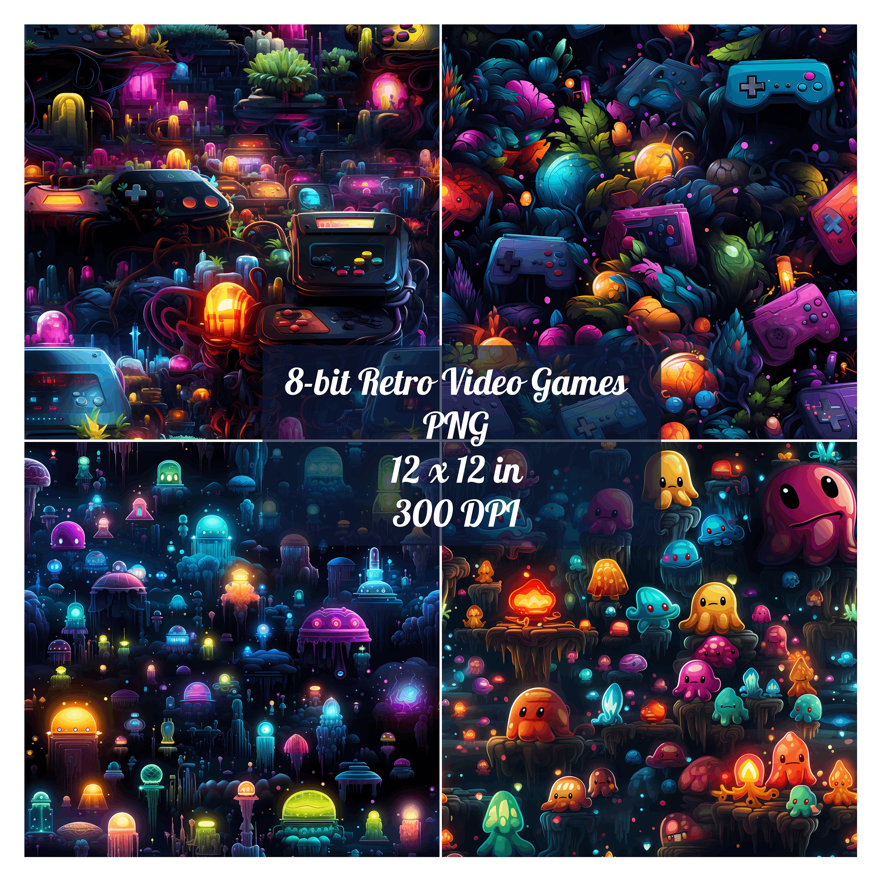 8-bit Retro Video Games Seamless Digital Papers, 4 PNG Files ...