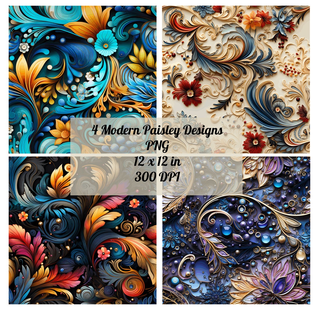 4 Modern Paisley Digital Papers Bundle, Paisley Seamless Pattern ...
