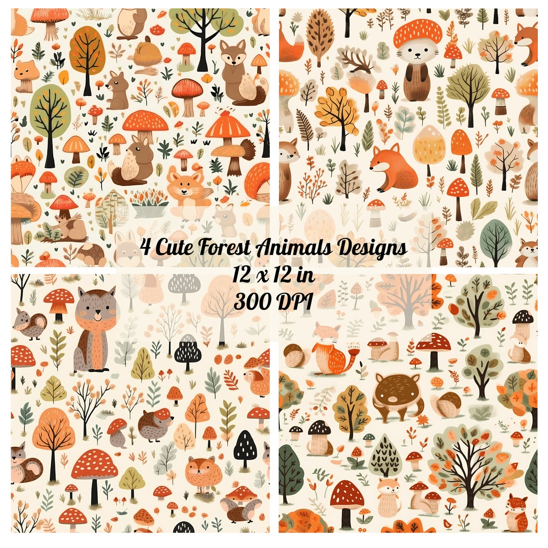 4 Cute Animals Forest Digital Papers Seamless Pattern, Bundle PNG ...
