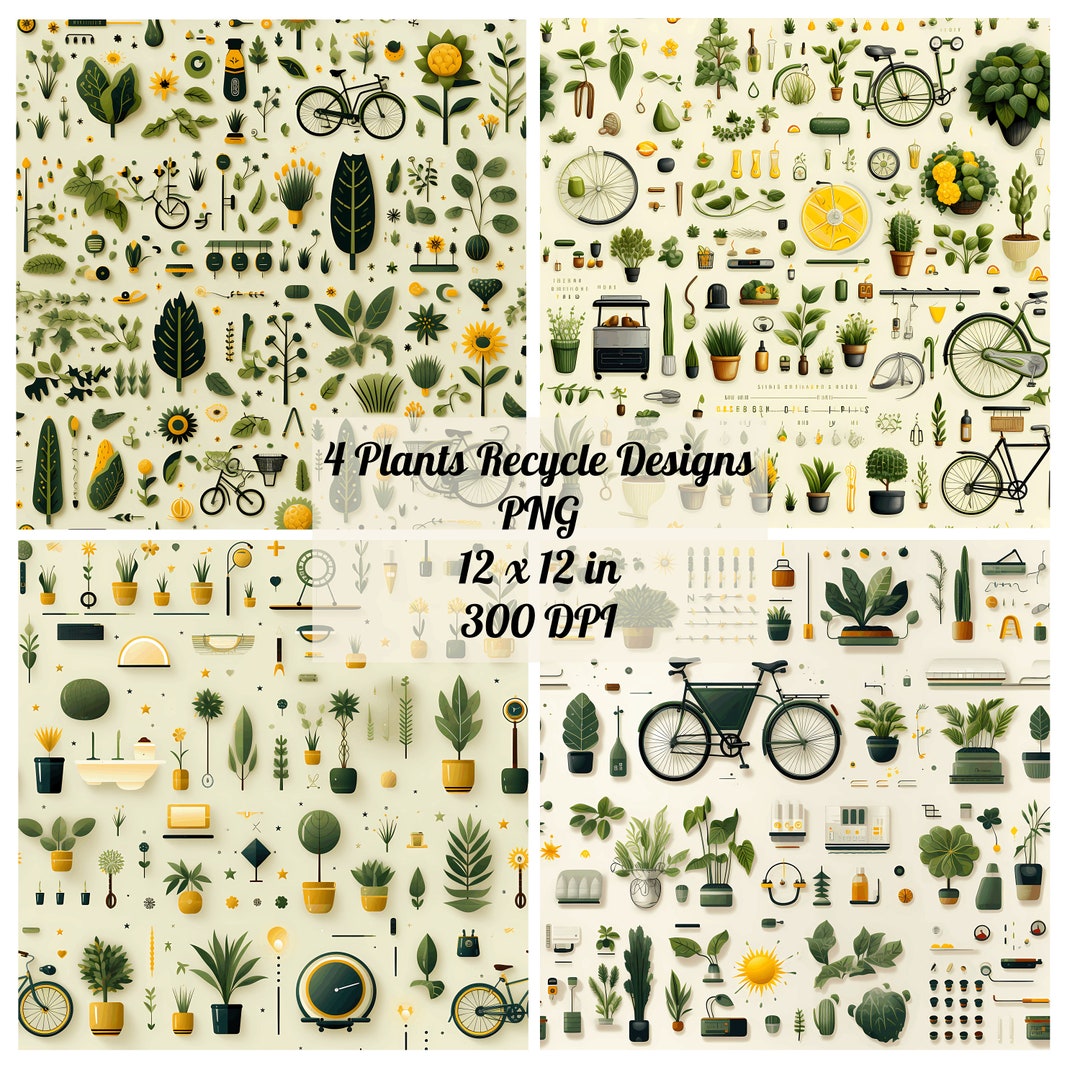 4 Recycle Plants Digital Papers Seamless Pattern, Digital Print, PNG ...