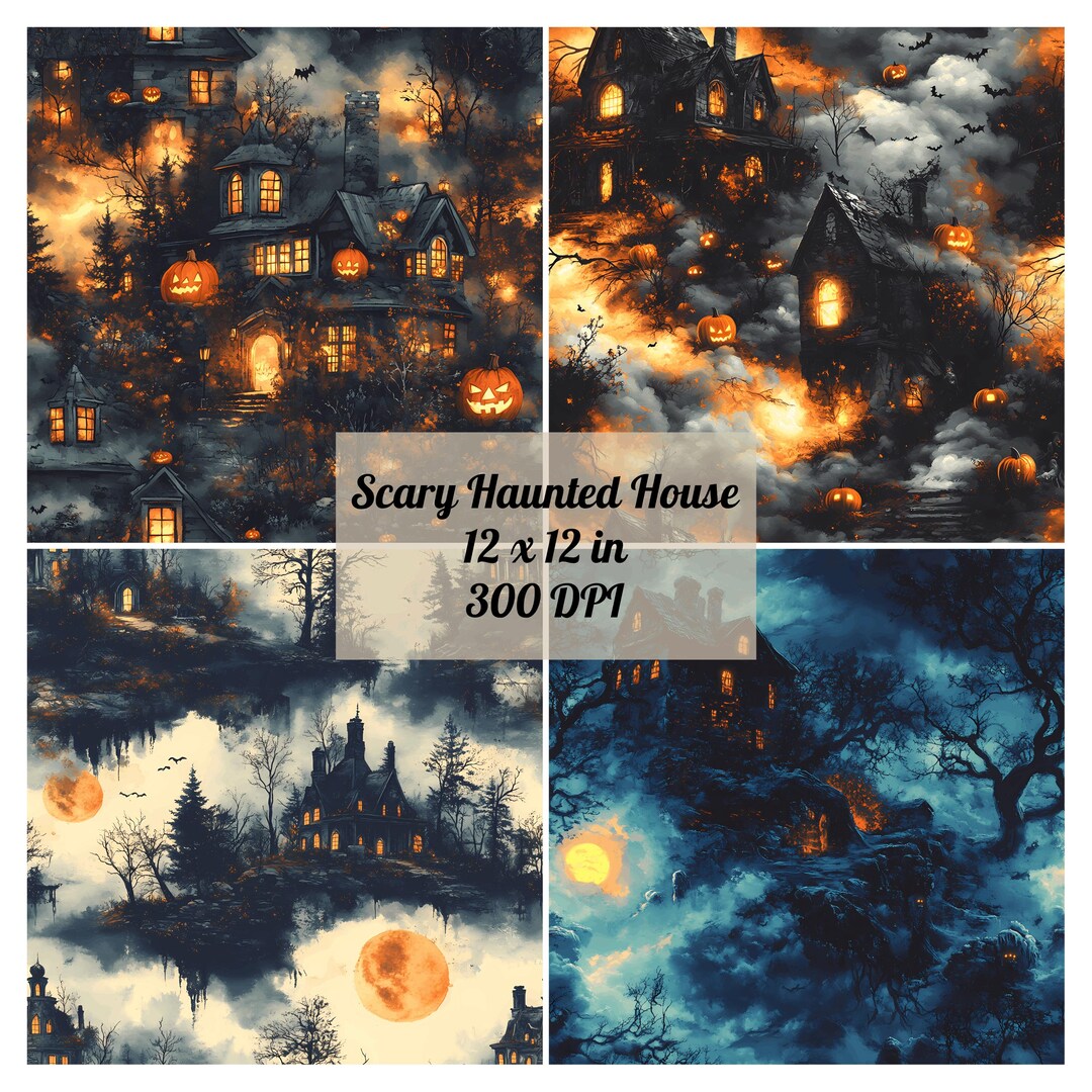 Scary Haunted House Seamless Pattern Digital Papers Bundle, 4 Halloween ...