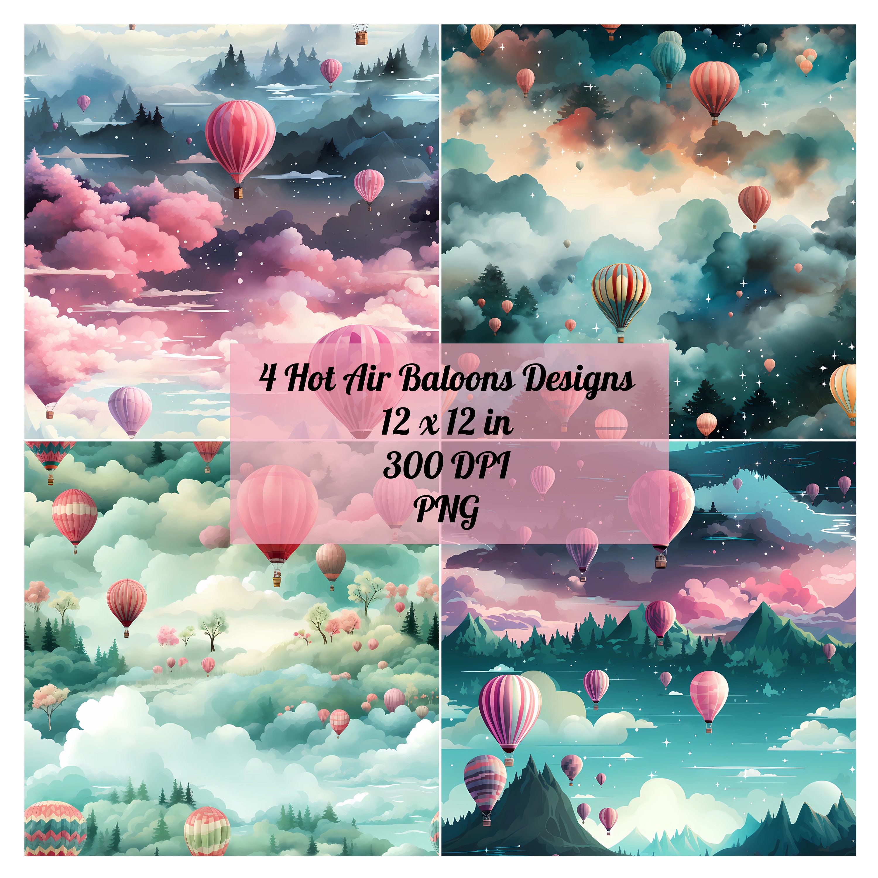 4 Hot Air Balloons Watercolor Seamless Pattern Digital Papers Bundle ...