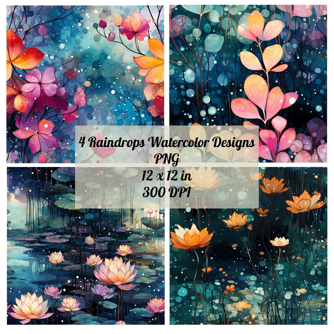 4 Raindrops Watercolor Digital Papers Bundle, Watercolor Seamless ...