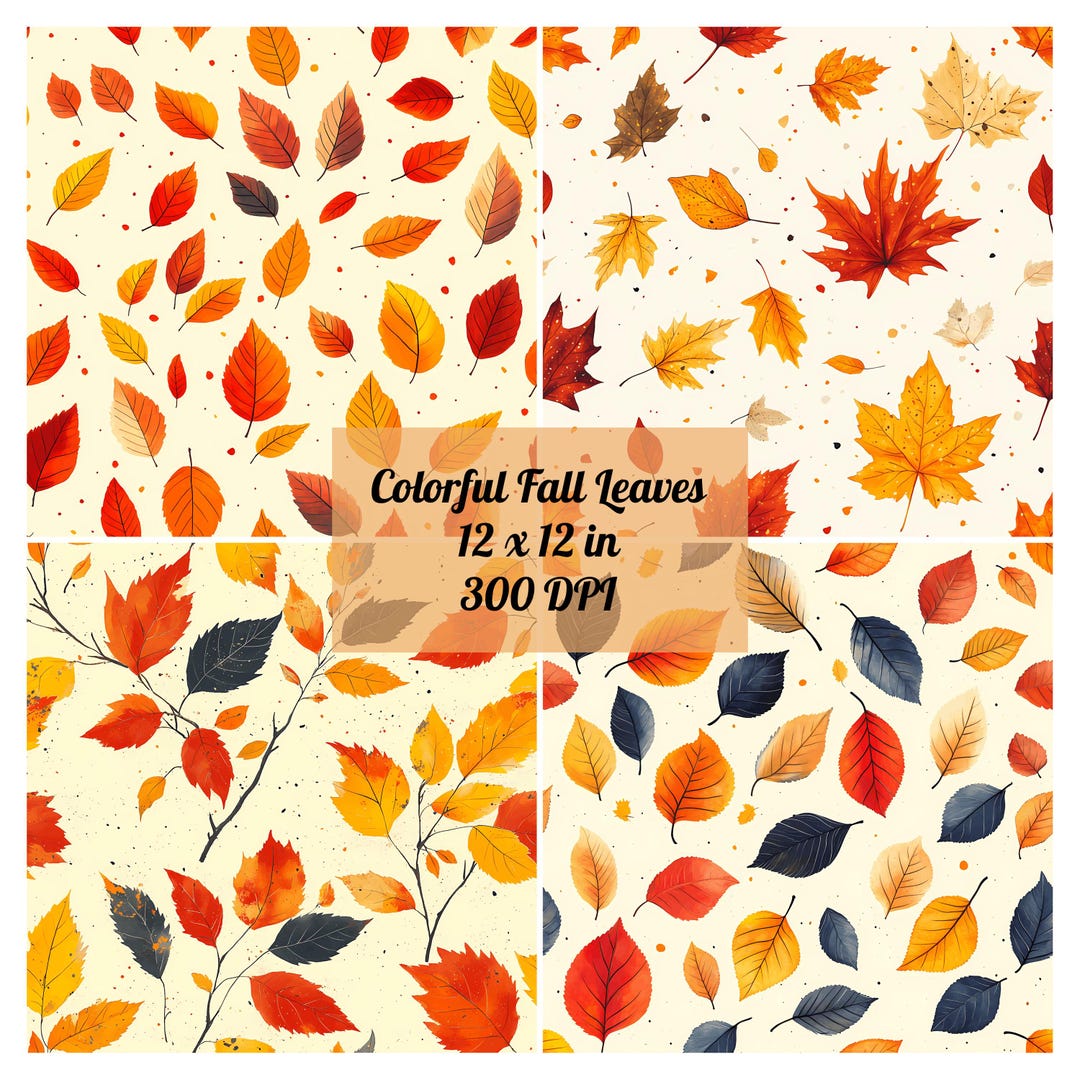 Colorful Fall Leaves Seamless Pattern Digital Papers, 4 Seasonal ...