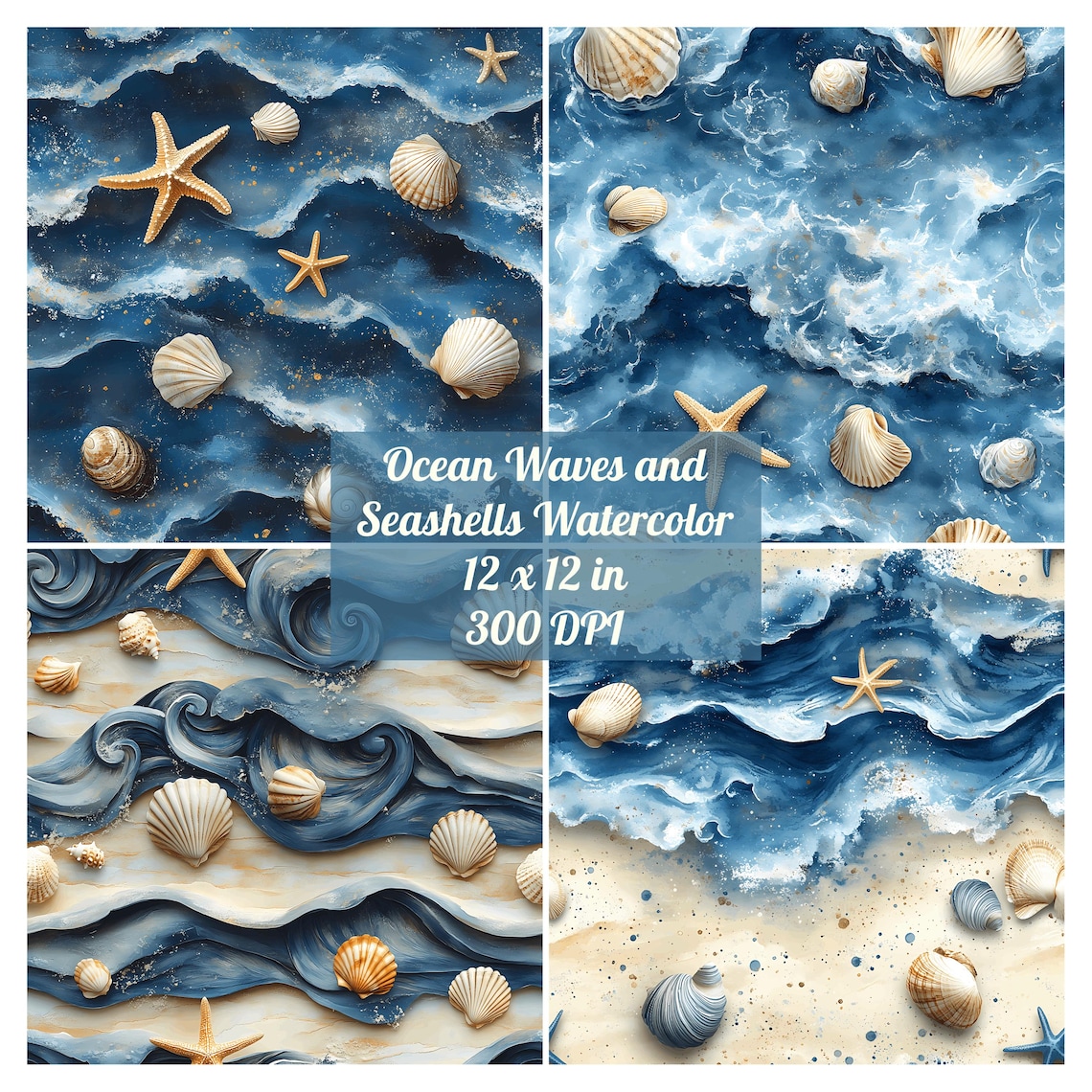 Ocean Waves & Seashells Watercolor Seamless Digital Papers Bundle, 4 ...