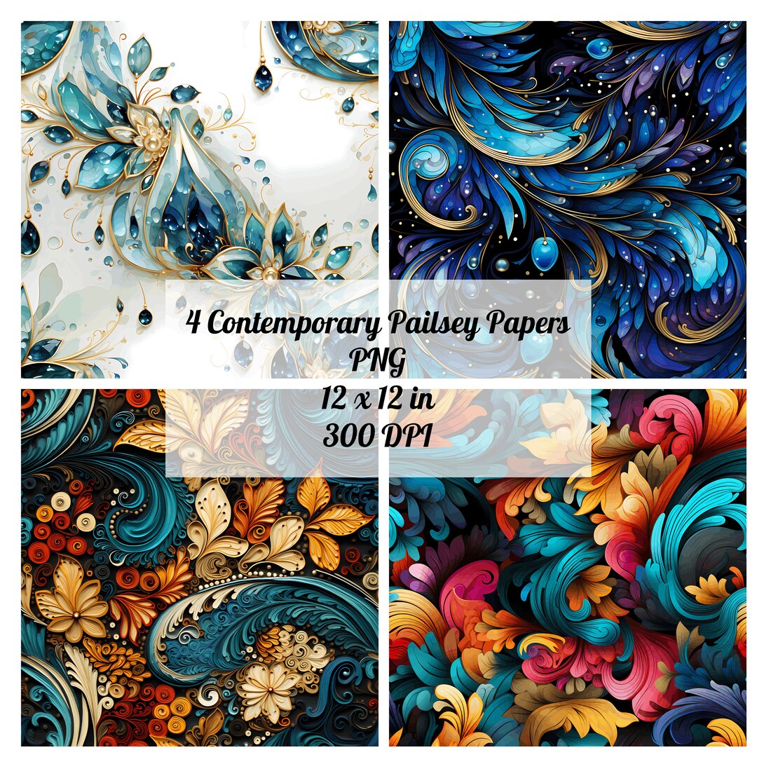 4 Contemporary Paisley Digital Papers Bundle, Paisley Seamless Pattern ...