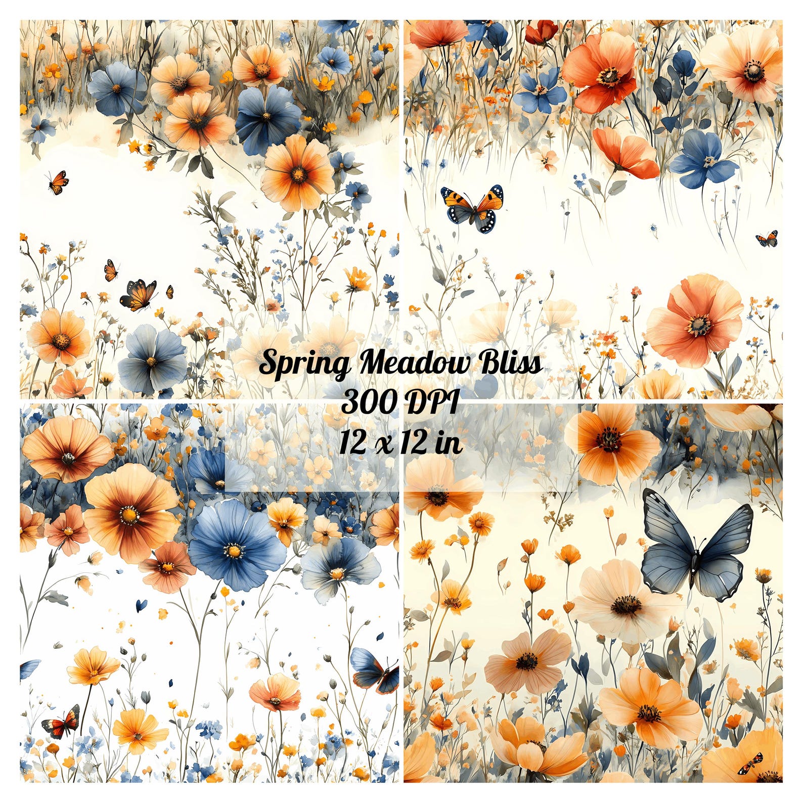 Spring Meadow Bliss Seamless Pattern Digital Papers Bundle, 4 Floral ...