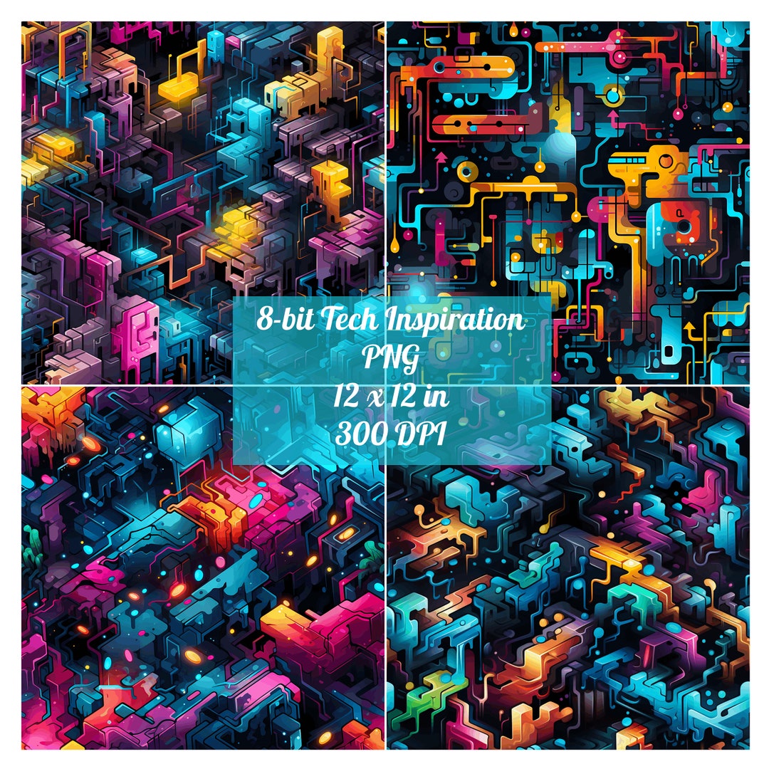 8-bit Tech Inspiration Seamless Digital Papers, 4 PNG Files, Commercial ...